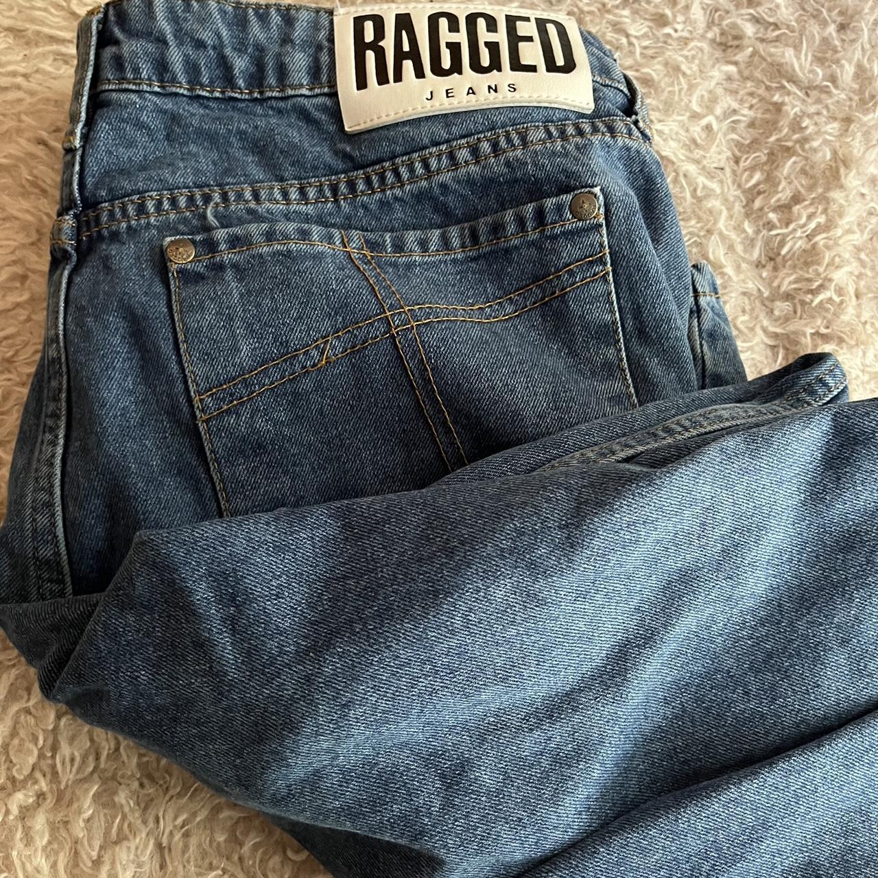 ragged jeans size 32, low rise and wide leg fit - Depop