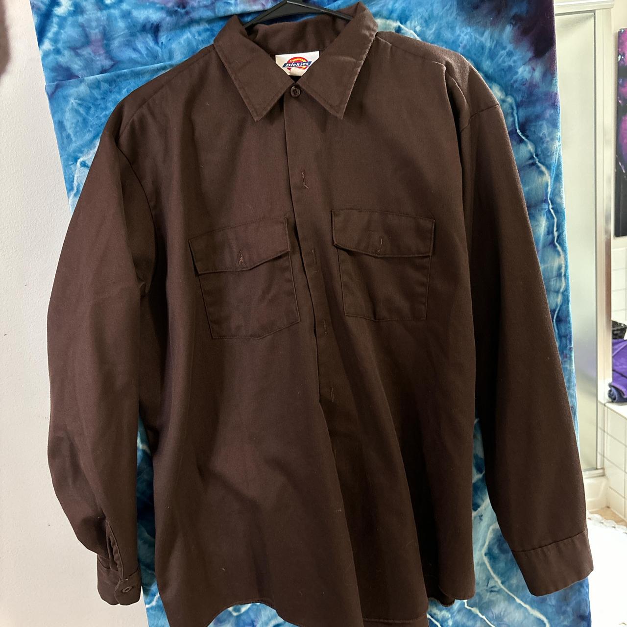 Dickies Work Collared Button Up Brown Shirt Size... - Depop