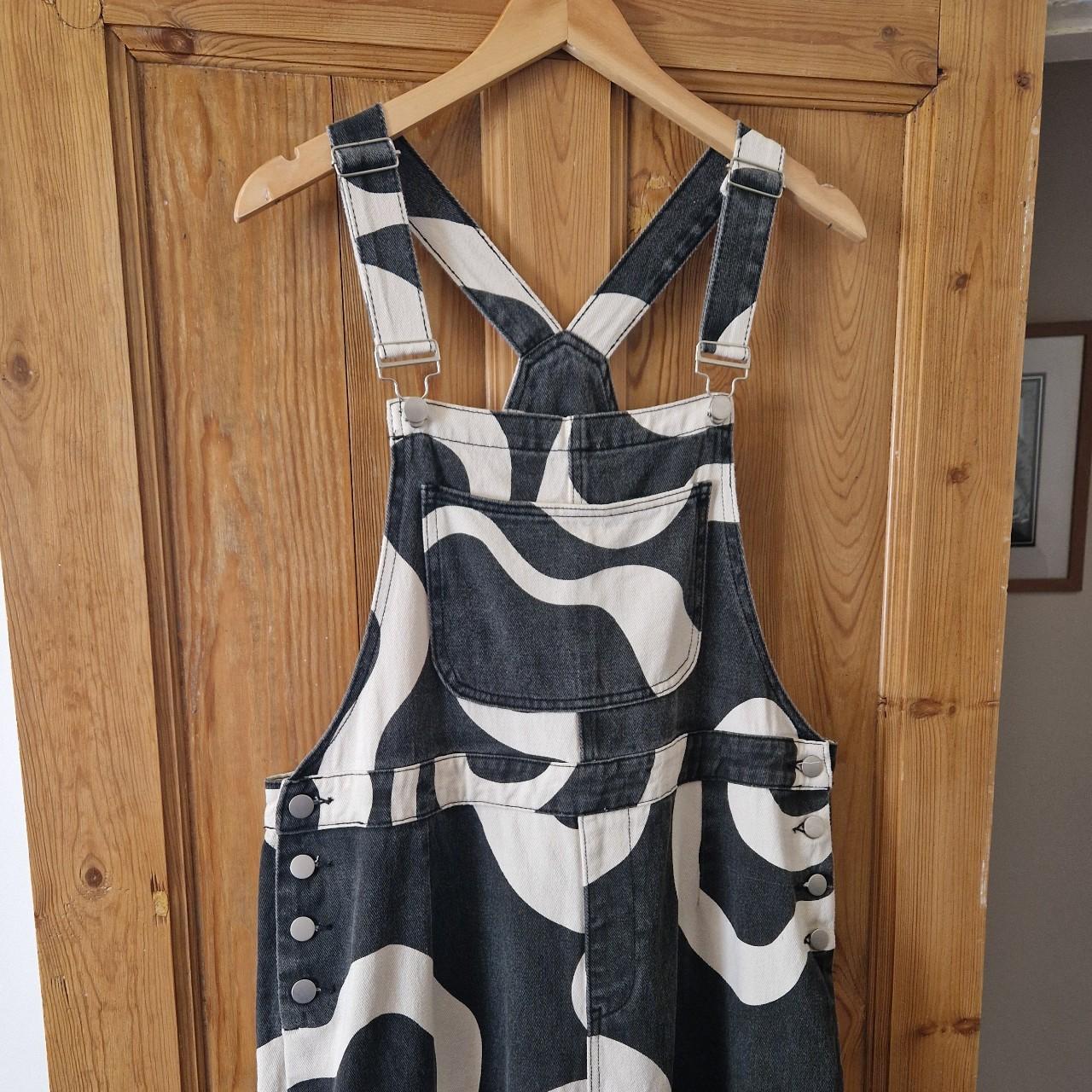 Funky patterned black and white denim dungarees from... - Depop