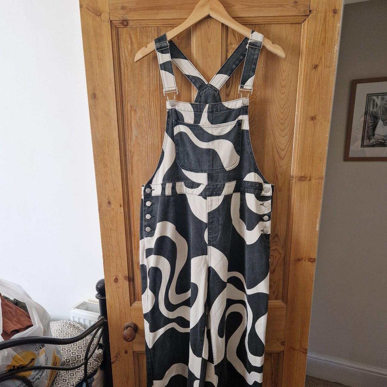 Funky patterned black and white denim dungarees from... - Depop