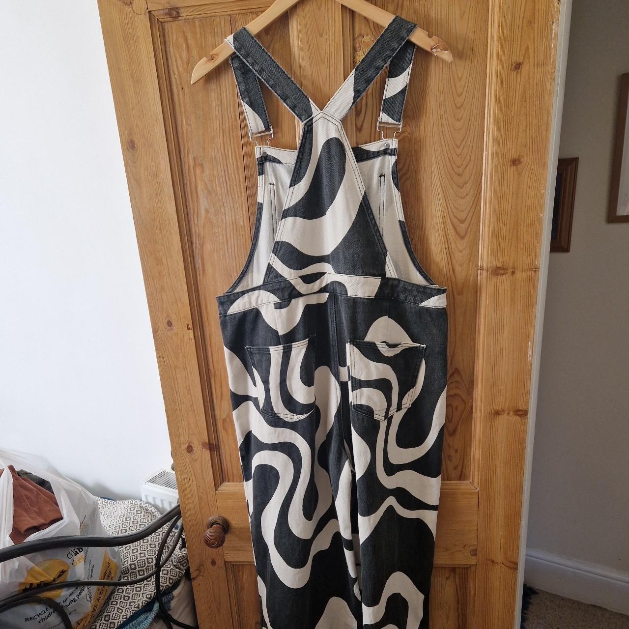 Funky patterned black and white denim dungarees from... - Depop