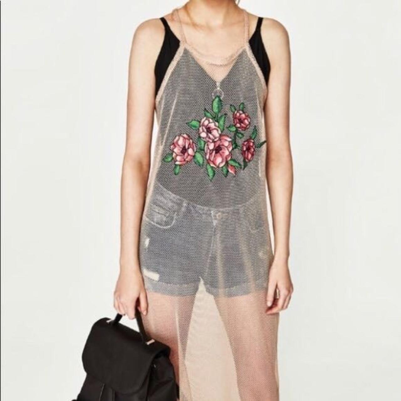 NWT ZARA mesh net dress size M embroidered... - Depop