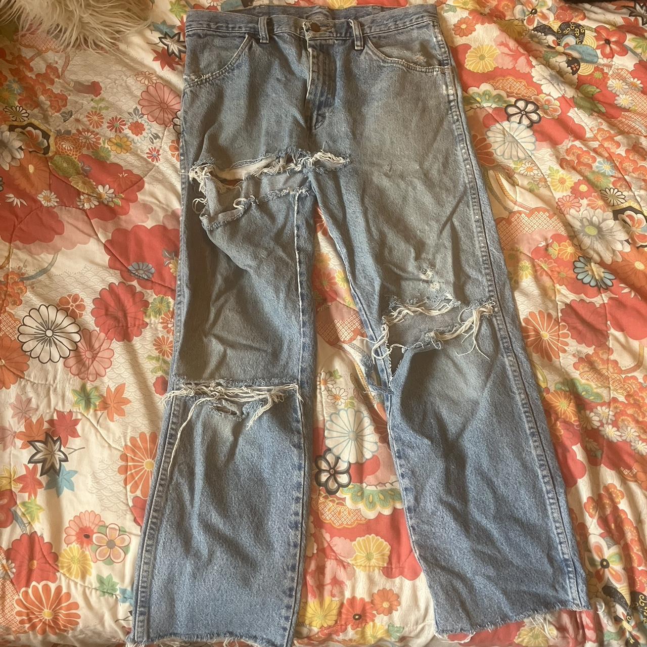 Thrashed 90s rustler jeans. Nearly Destroyed. 32-33... - Depop