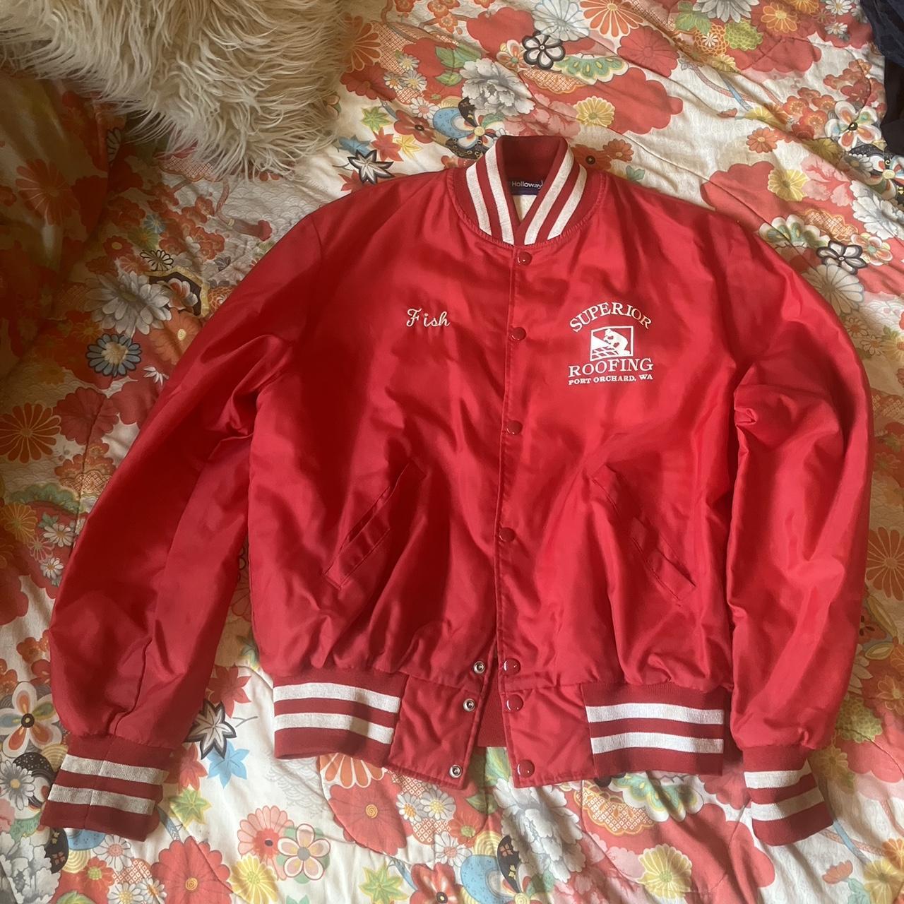 Vintage red jacket 80s 90s for a roofer named fish.... - Depop
