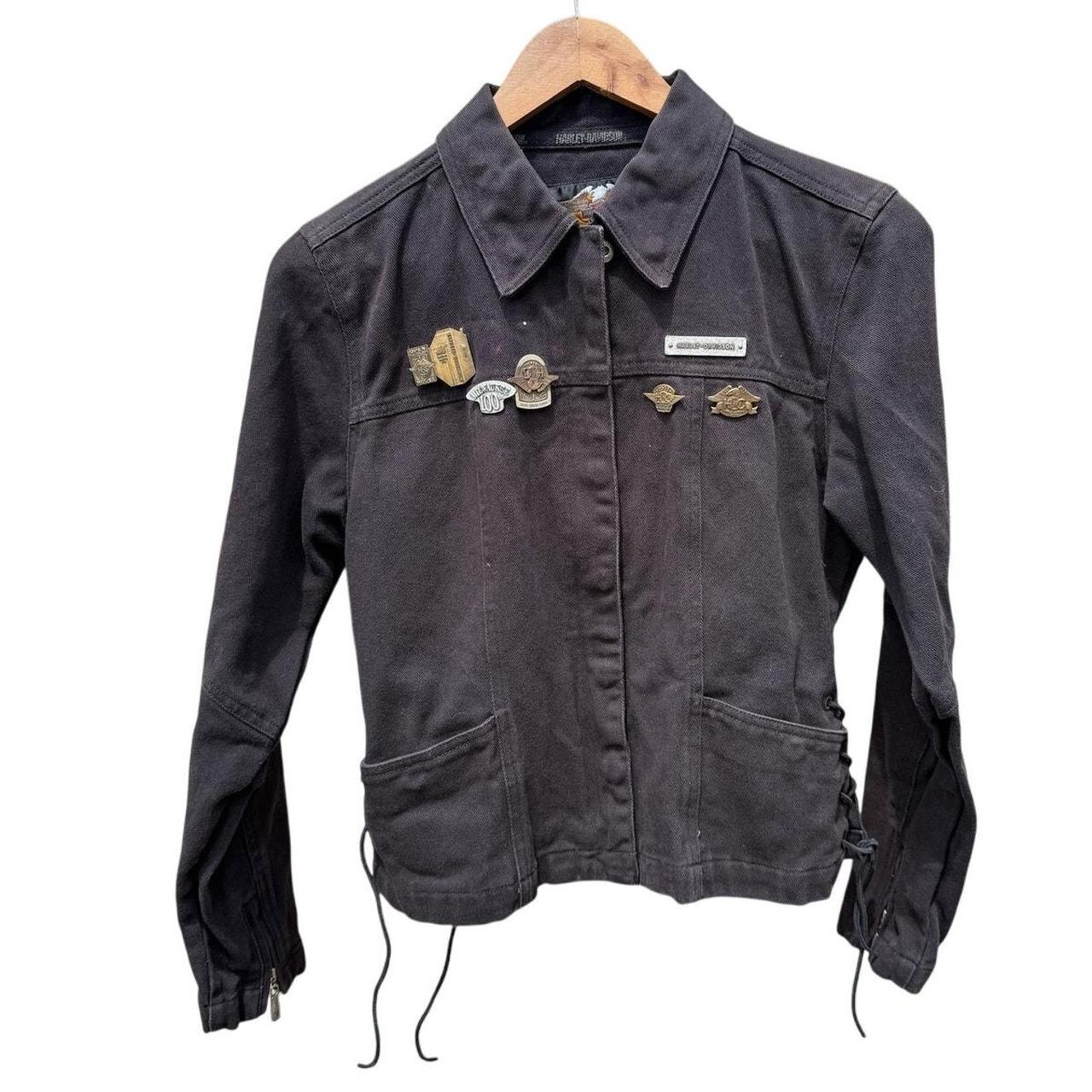Vintage Harley Davidson black denim biker jacket w/... | Depop