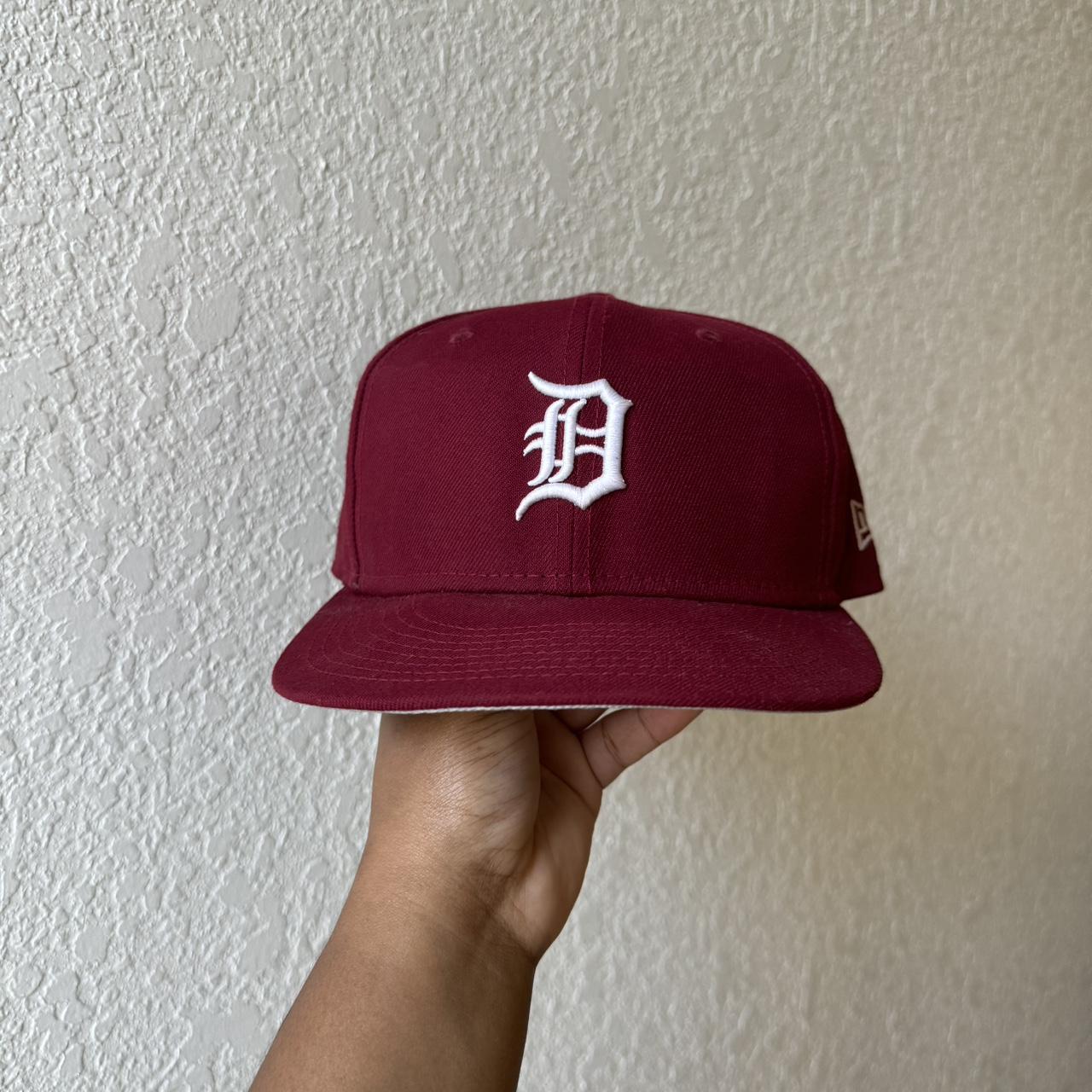 Maroon/crimson Detroit fitted cap. Has been worn... - Depop