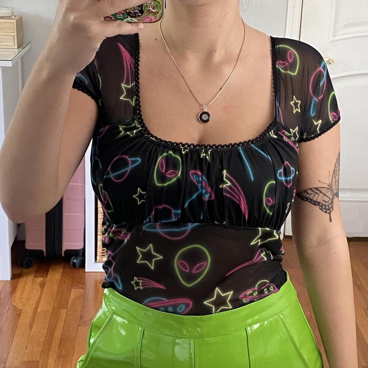 DOLLS KILL neon alien print mesh top size large only... - Depop