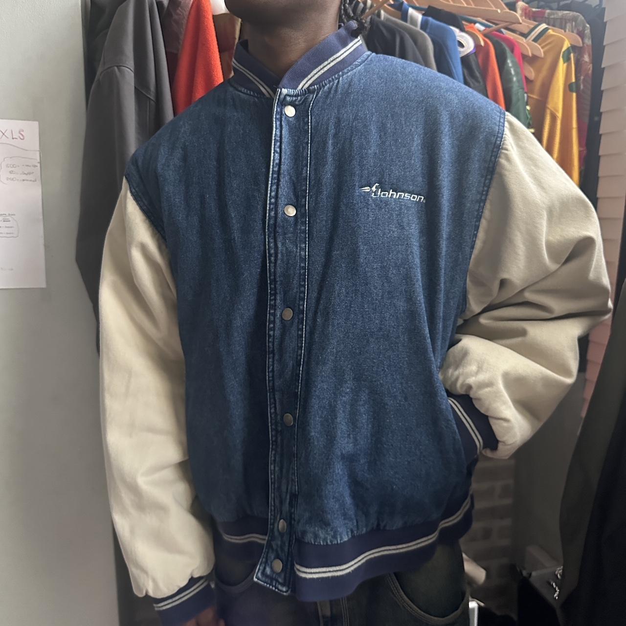 Denim and Cream Varsity Jacket Comfortable and... - Depop
