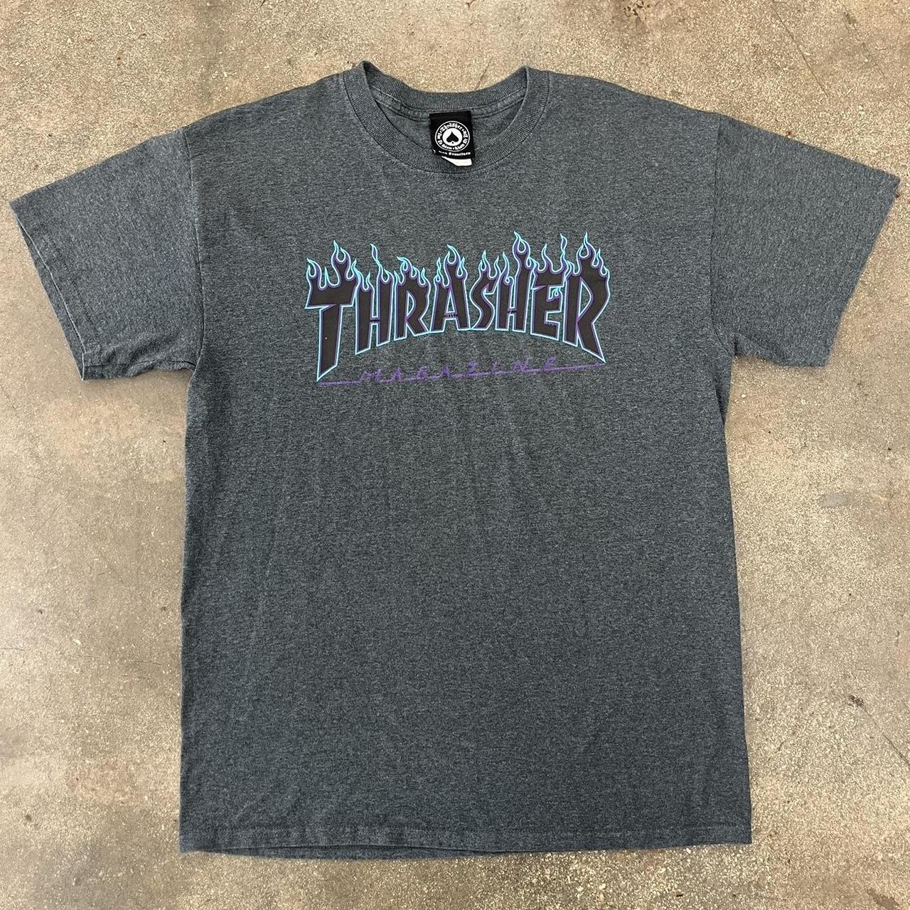 Thrasher Blue Flame Skate Logo Graphic T shirt •... - Depop