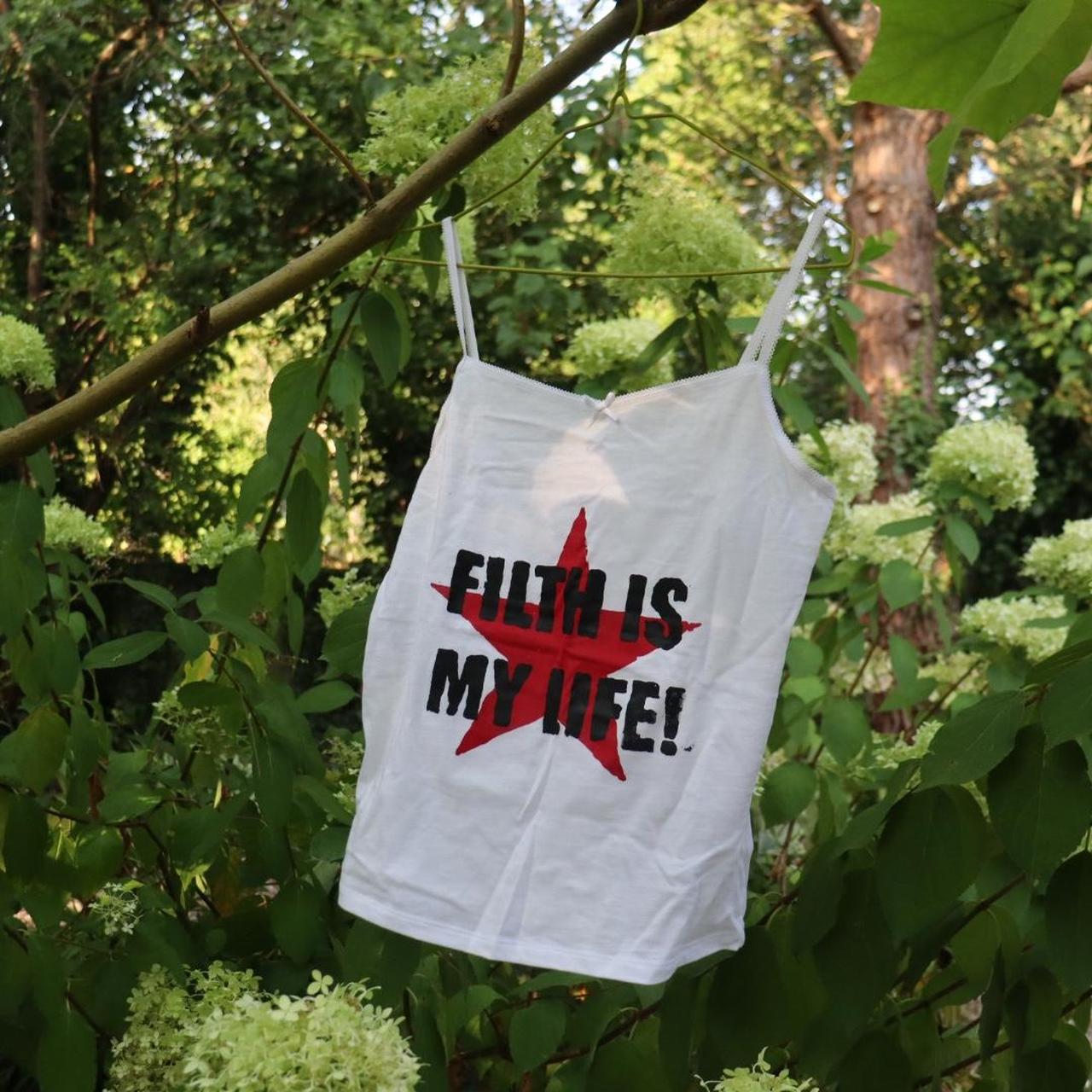 hand screen printed ‘filth is my life’ star vest top... | Depop