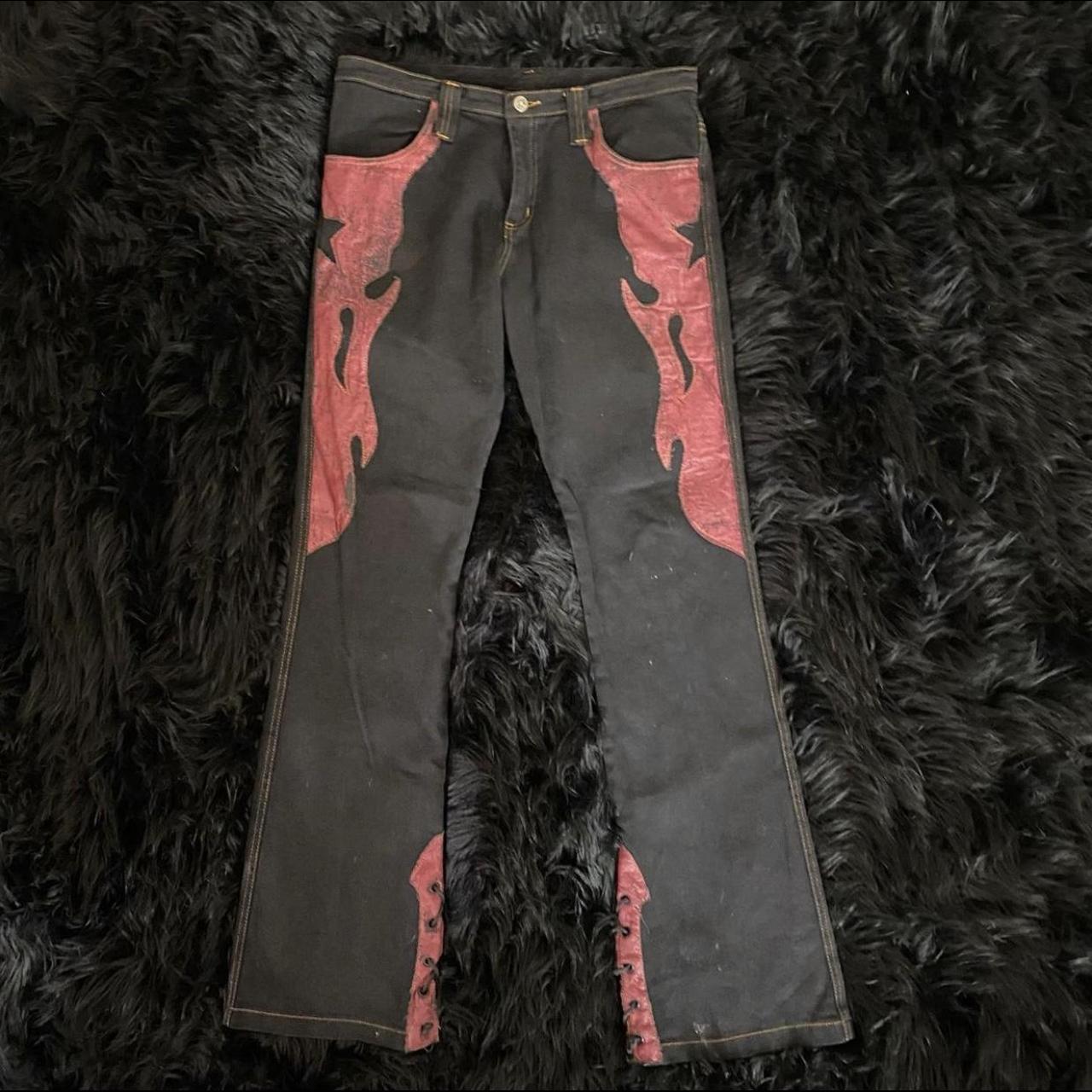 serious los angeles flare denim pants with pink... - Depop