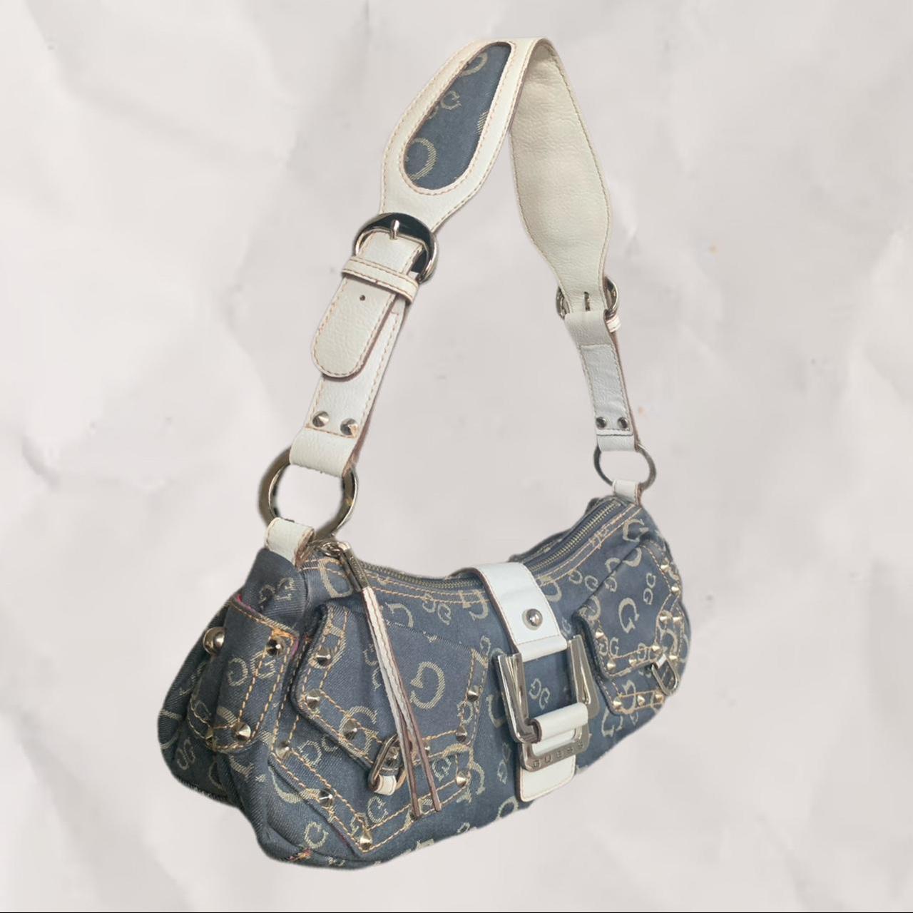 Vintage Guess blue denim and white leather bag Y2K... - Depop