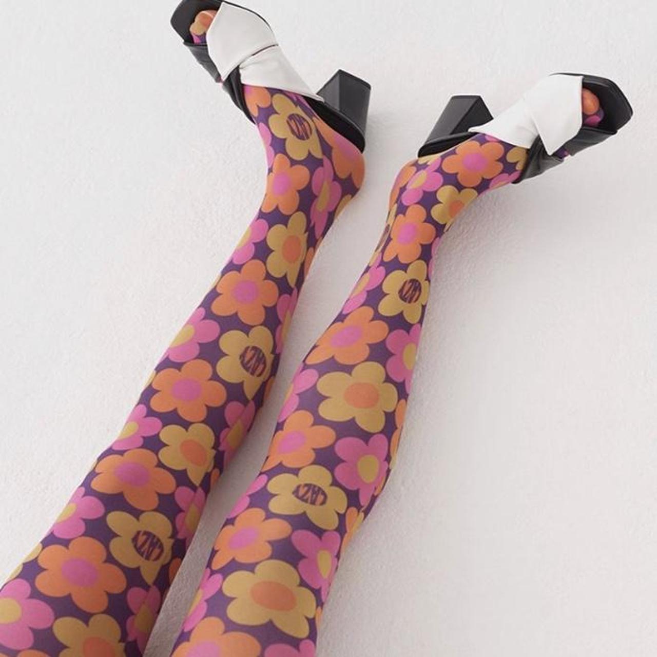 Lazy Oaf 70s flower floral tights, like new, never... - Depop