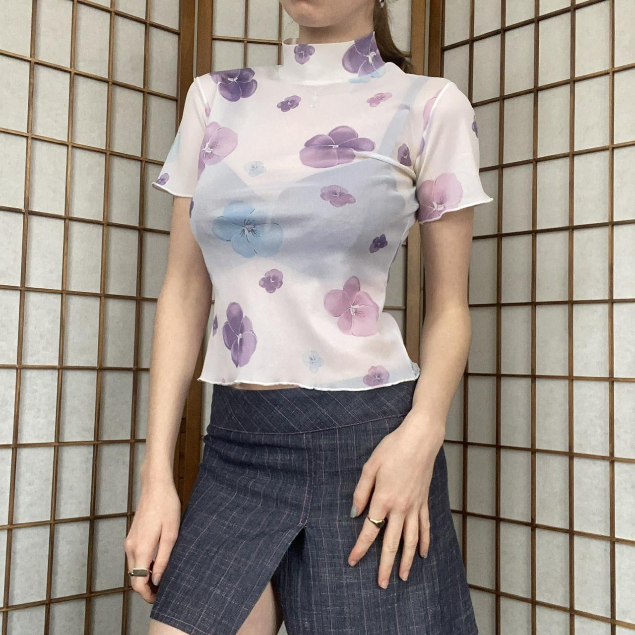 Vintage lavender floral mesh mock neck top Mesh... - Depop