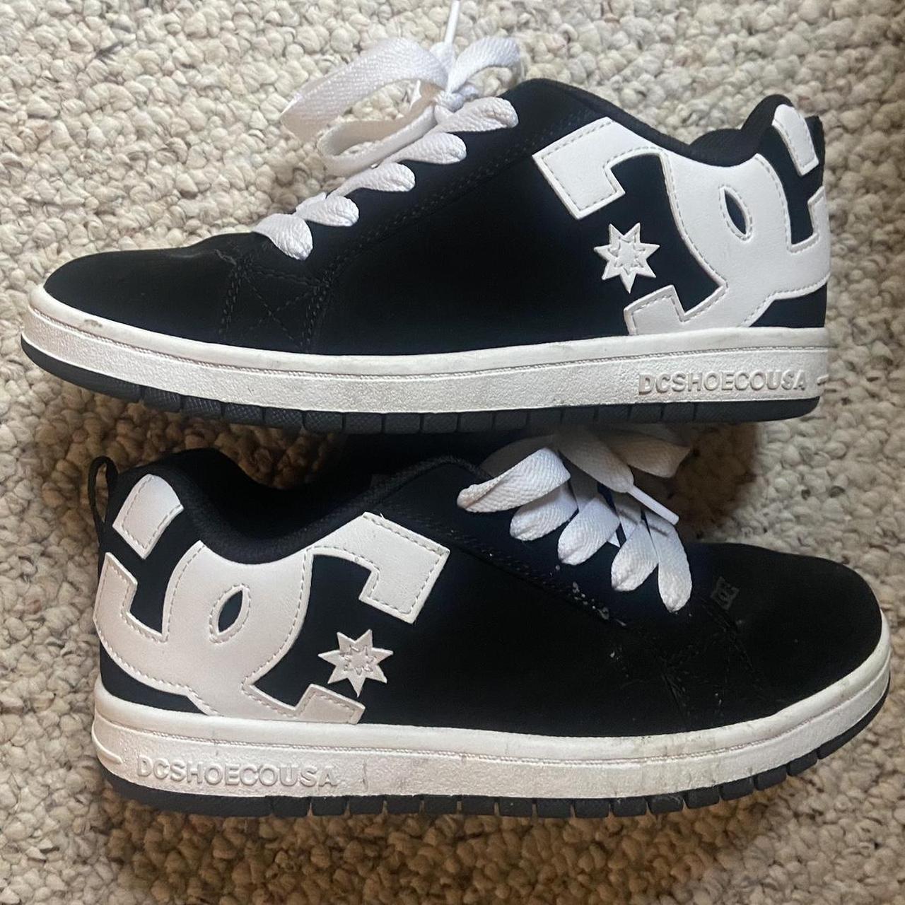 black and white dc shoes kids 7, fits a women’s... - Depop