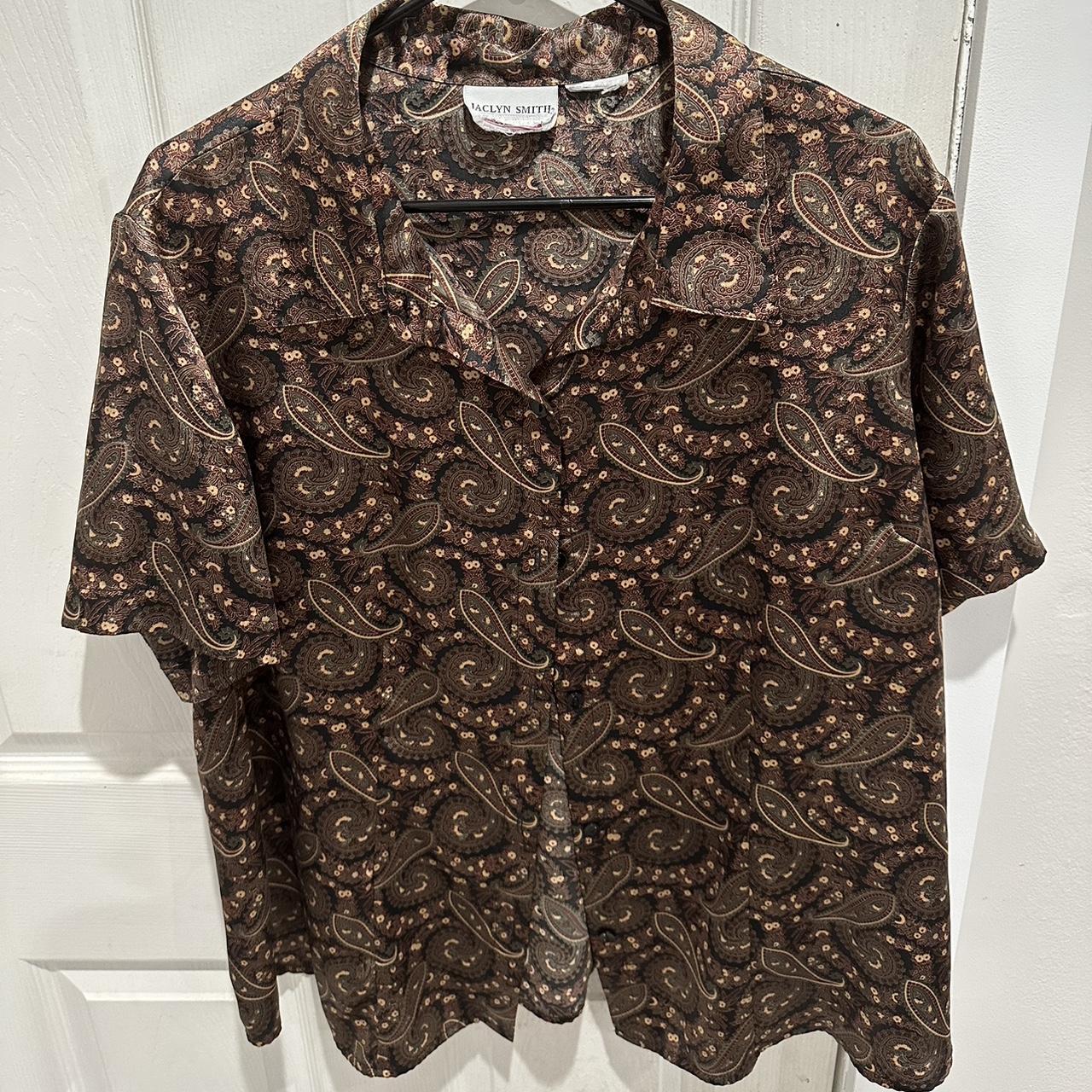 -vintage brown paisley patterned button down shirt... - Depop
