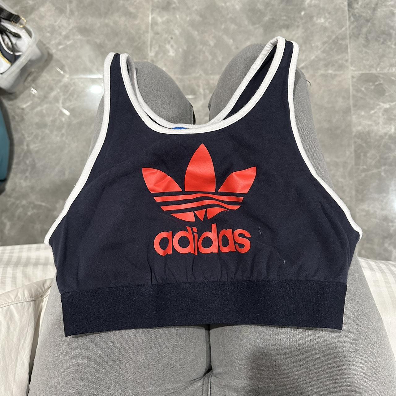 navy blue, red, & white adidas sports bra marked... - Depop