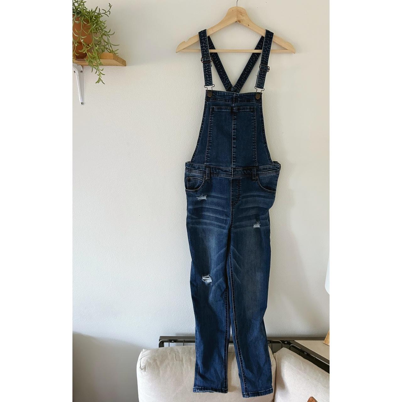 Dark denim overalls with light distressing. Size... - Depop