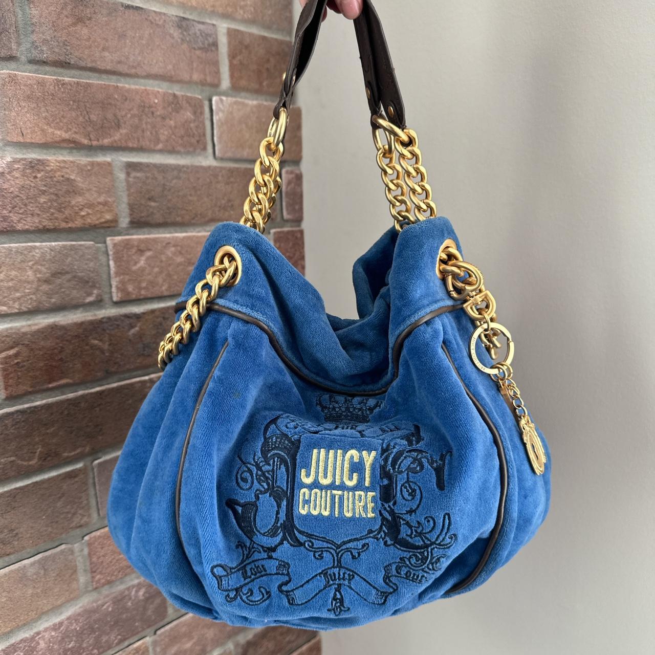 Juicy Couture blue velvet bag with gold chain -... | Depop