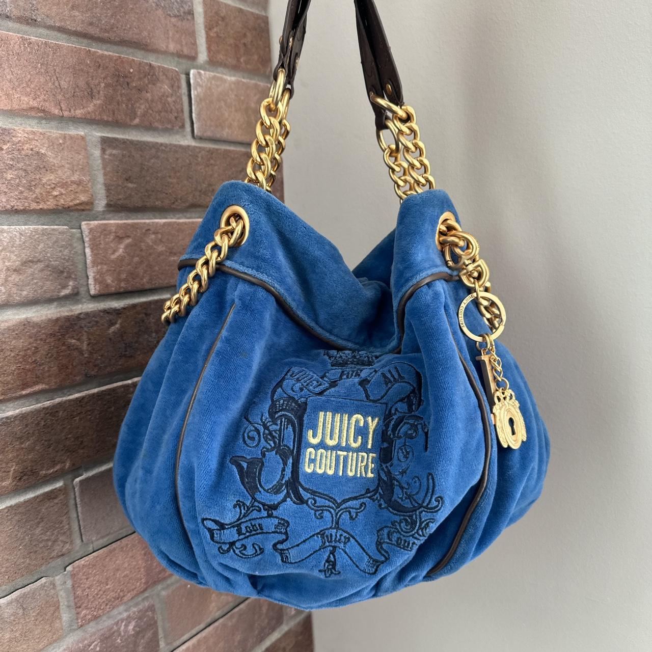 Juicy Couture blue velvet bag with gold chain -... | Depop