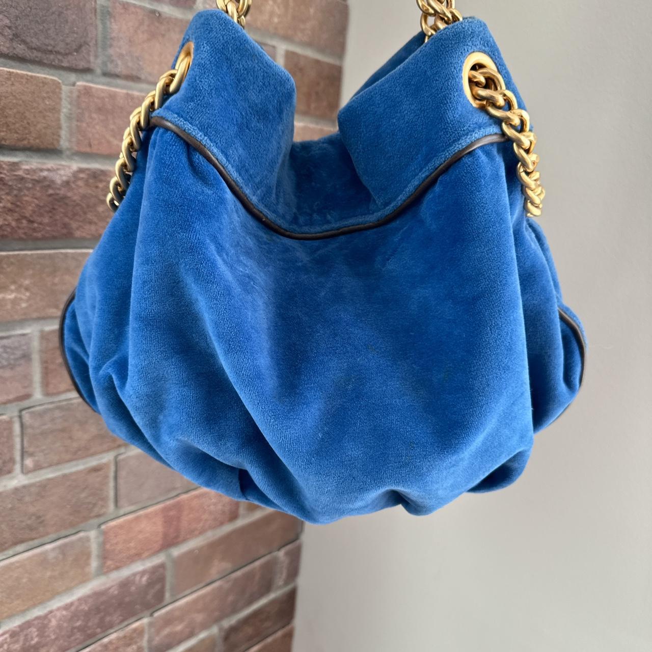 Juicy Couture blue velvet bag with gold chain -... | Depop
