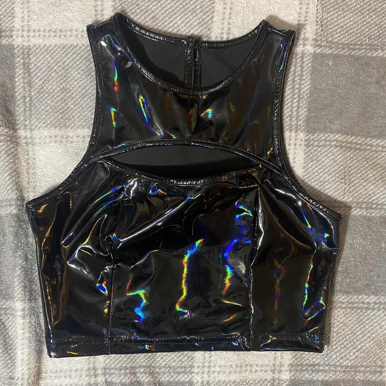 Black Holographic Vinyl Cropped Tank Top with Open... - Depop