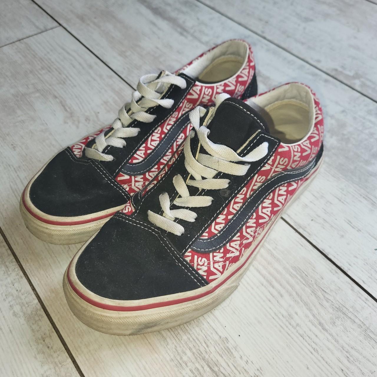 Black, white and red vans, with logo pattern Womens... - Depop
