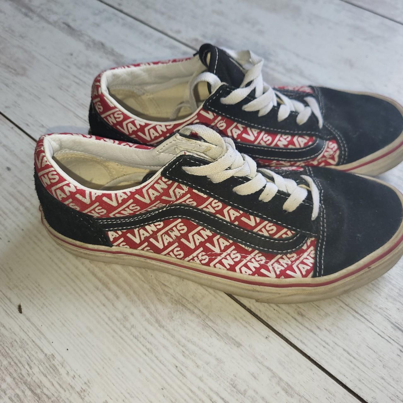 Black, white and red vans, with logo pattern Womens... - Depop