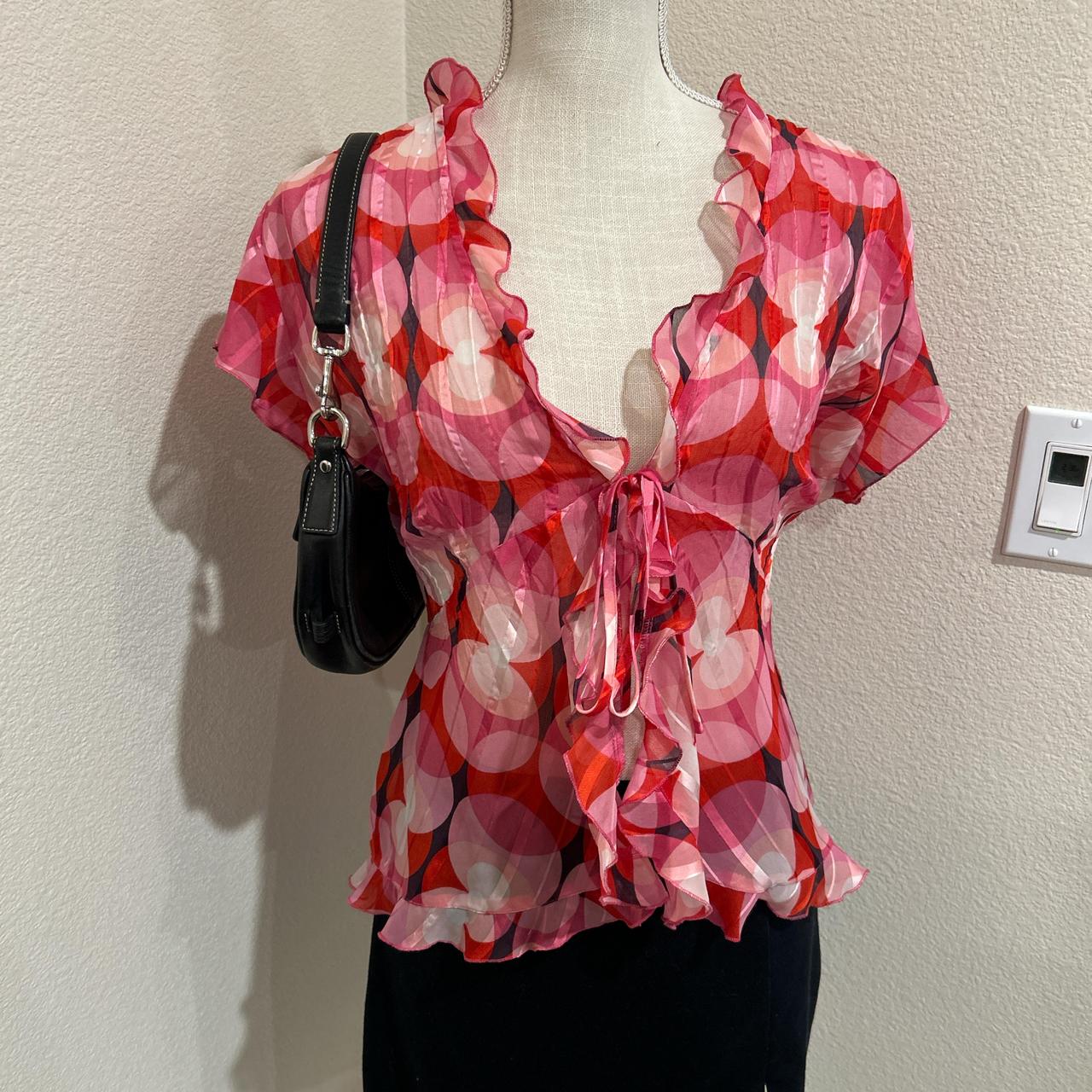 Notations short sleeve ruffle pleated top with a tie... - Depop