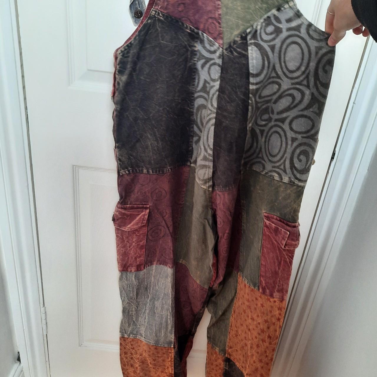 Patchwork dungarees, with pockets Size... - Depop
