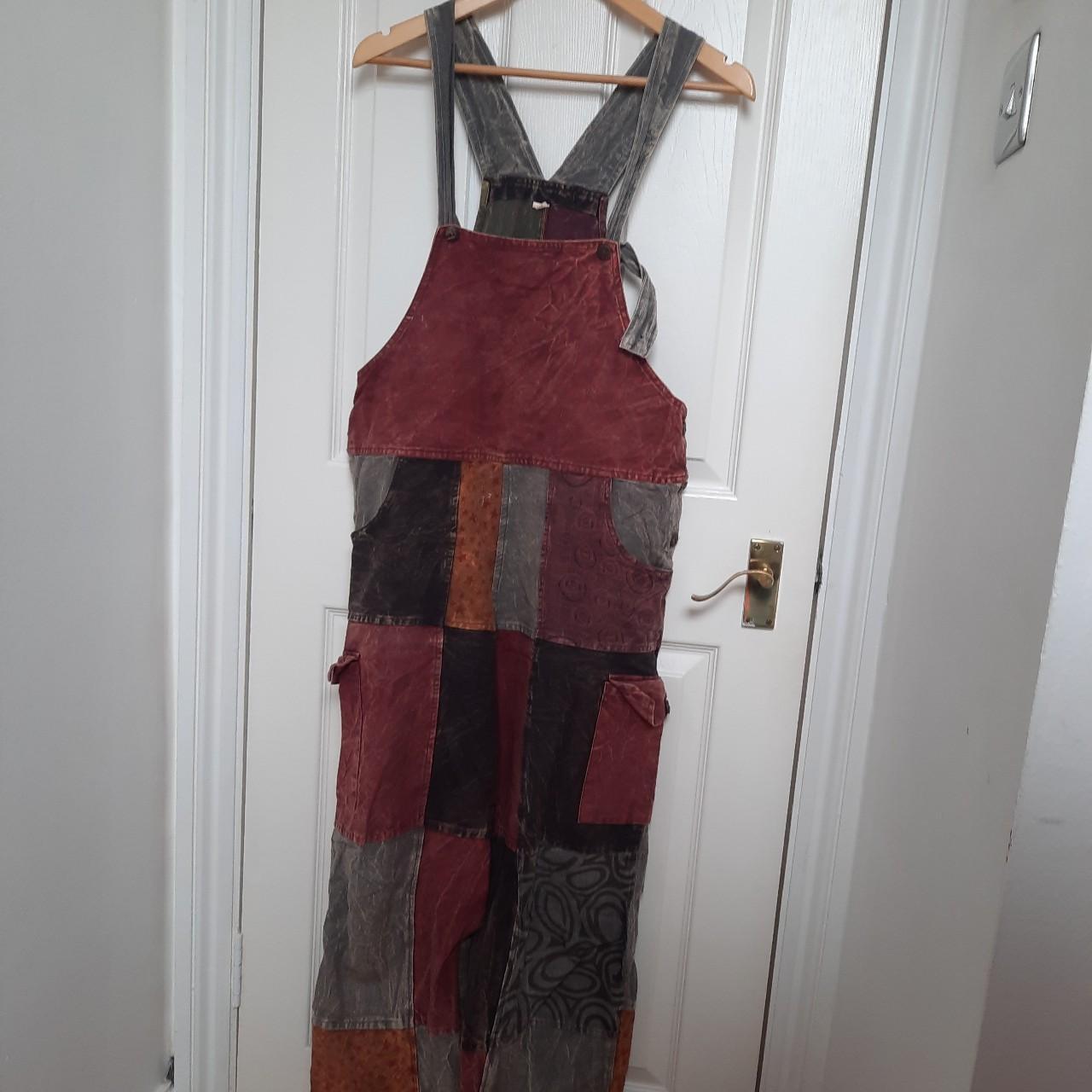 Patchwork dungarees, with pockets Size... - Depop