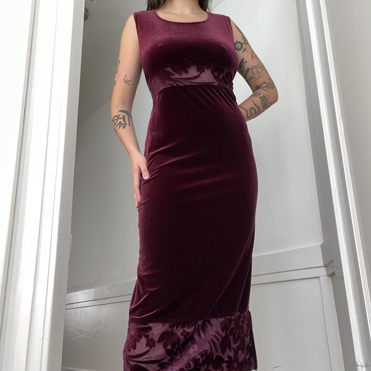 90s maroon velvet maxi dress vintage dark red... - Depop