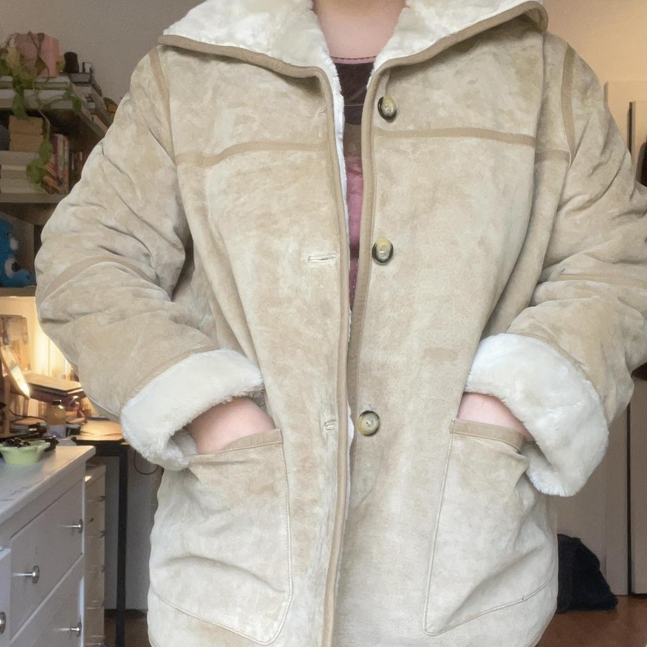 suede fur lined winter coat pretty tan color... - Depop
