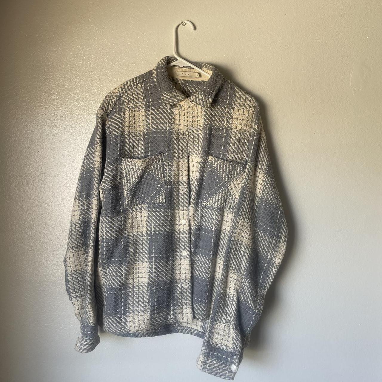 MNML woven flannel in light blue and beige Size XL... - Depop