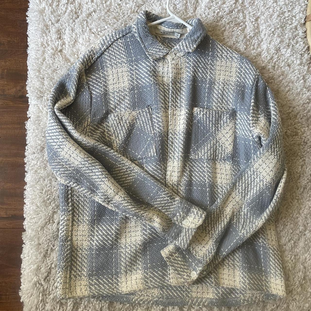 MNML woven flannel in light blue and beige Size XL... - Depop