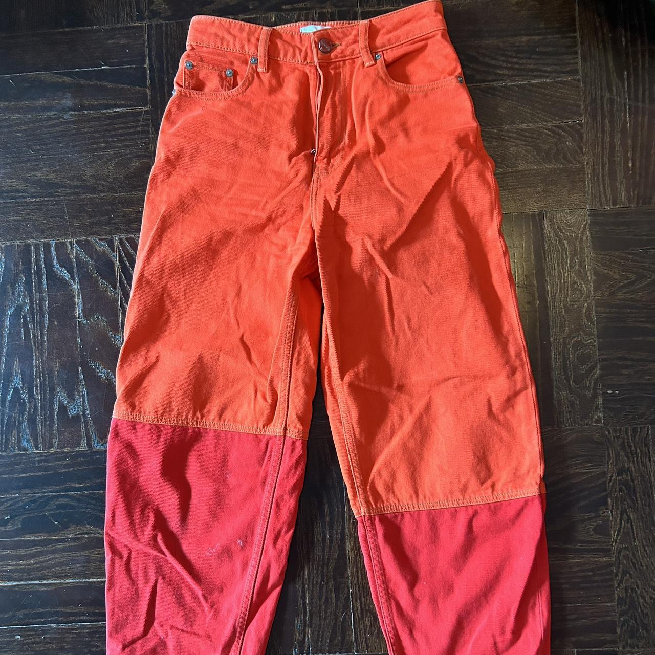 GANNI red and orange denim two tone high rise wide... - Depop