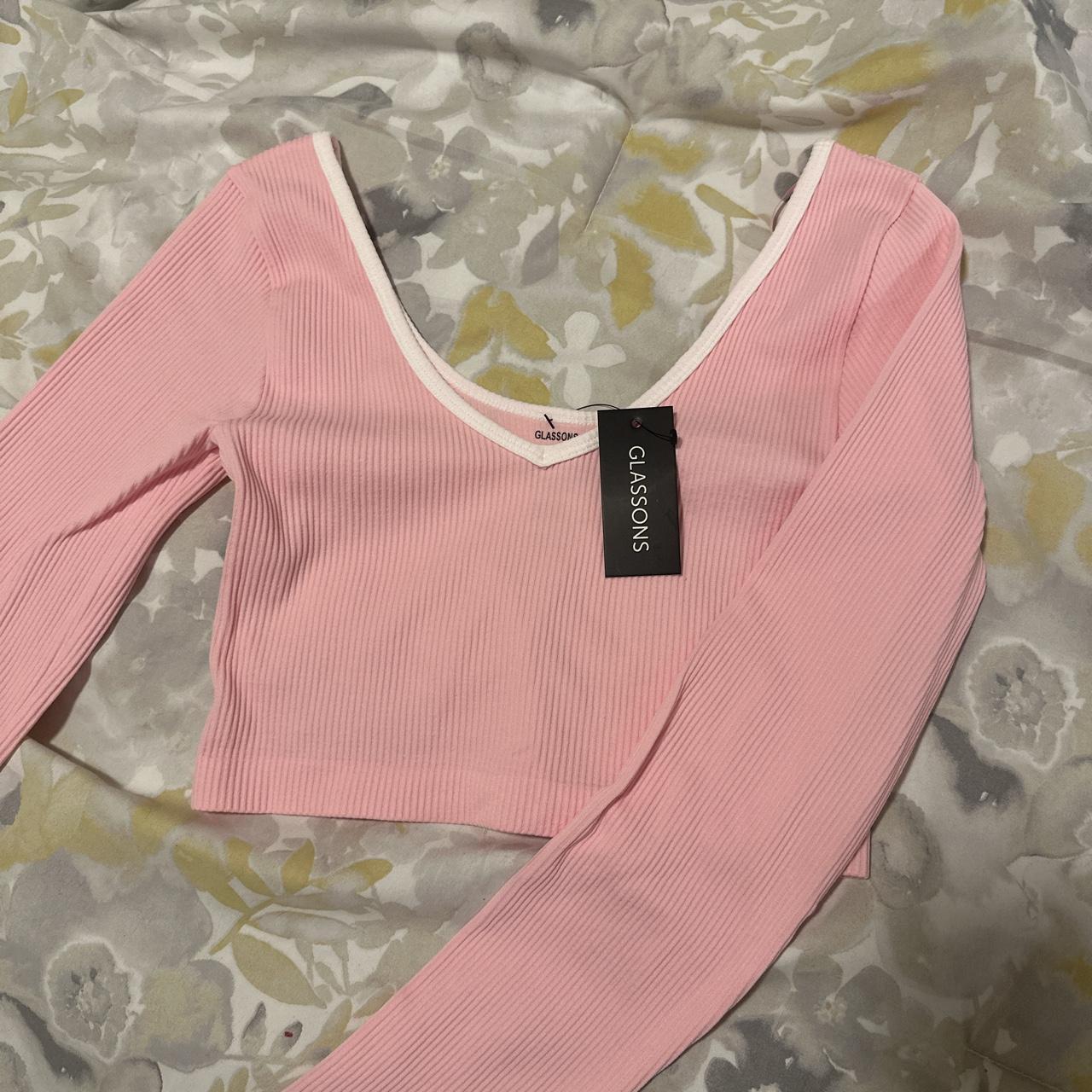 Glassons Pink Cropped V-Neck Long Sleeve Size... - Depop