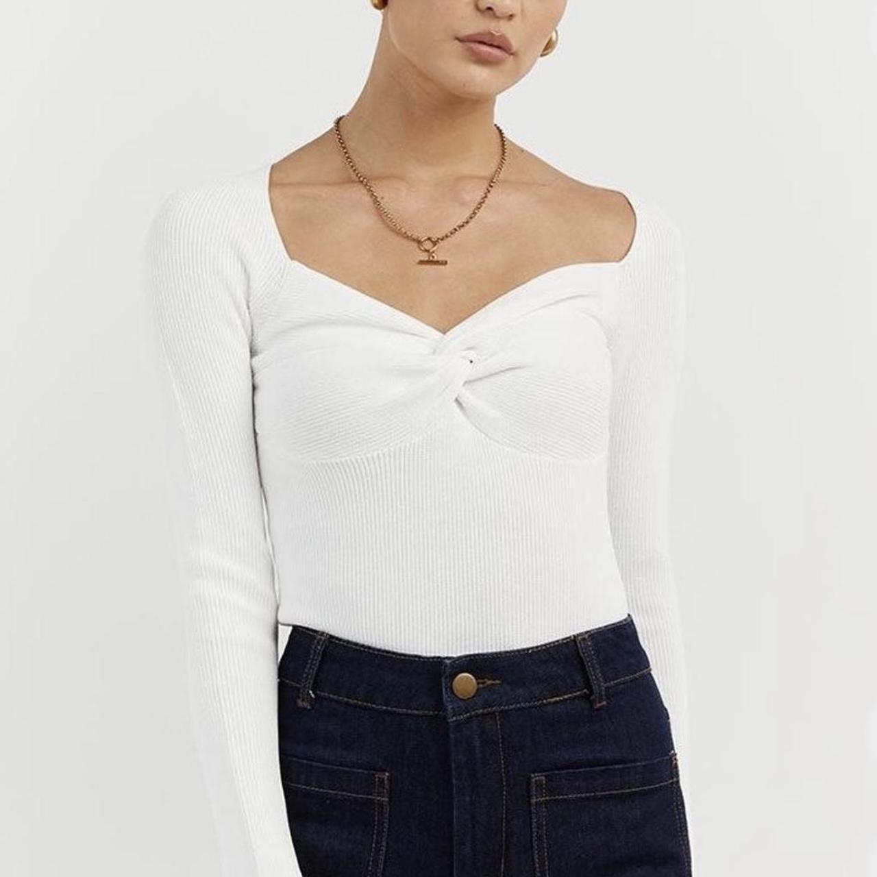 dissh anika white long-sleeved ribbed twisted top... - Depop