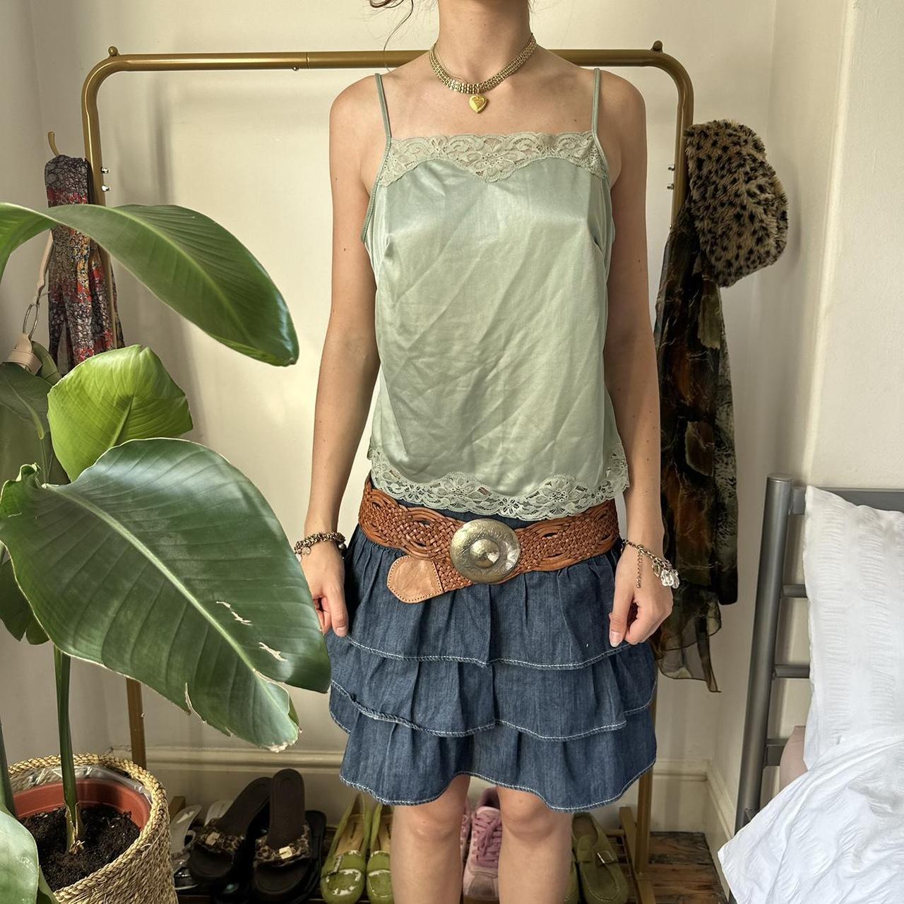 Beautiful vintage green satin camisole with lace... - Depop