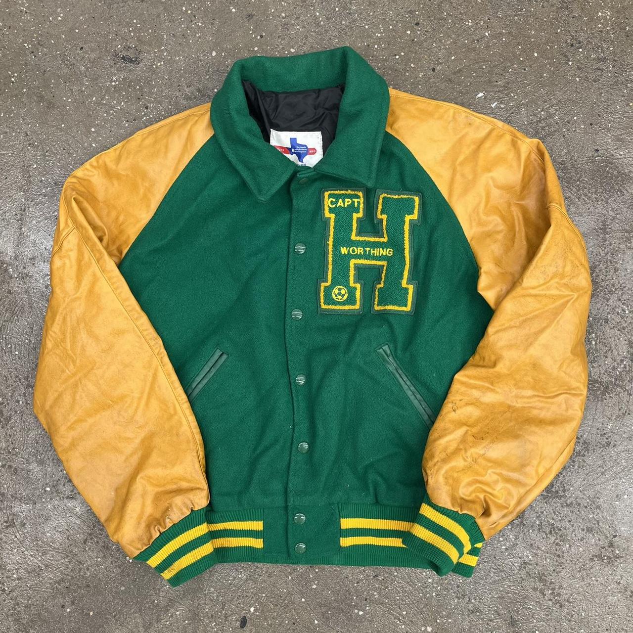 Vintage Green & Yellow Varsity Jacket Size... | Depop