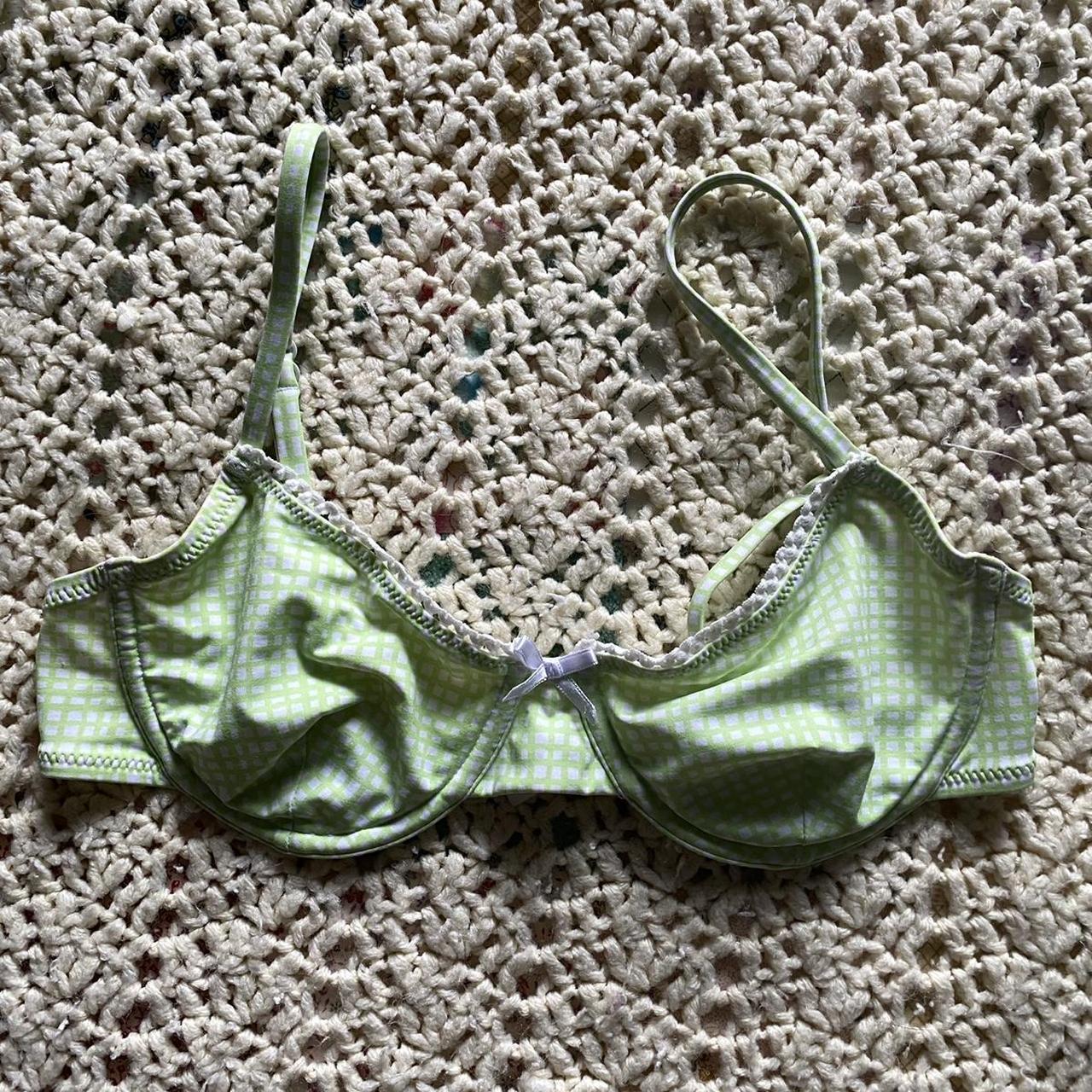 solid & striped green gingham style lace bikini top.... - Depop