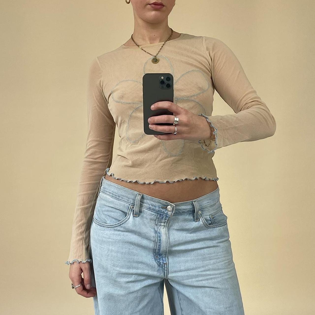 Vintage 90s mesh graphic top Beige sheer mesh.... - Depop