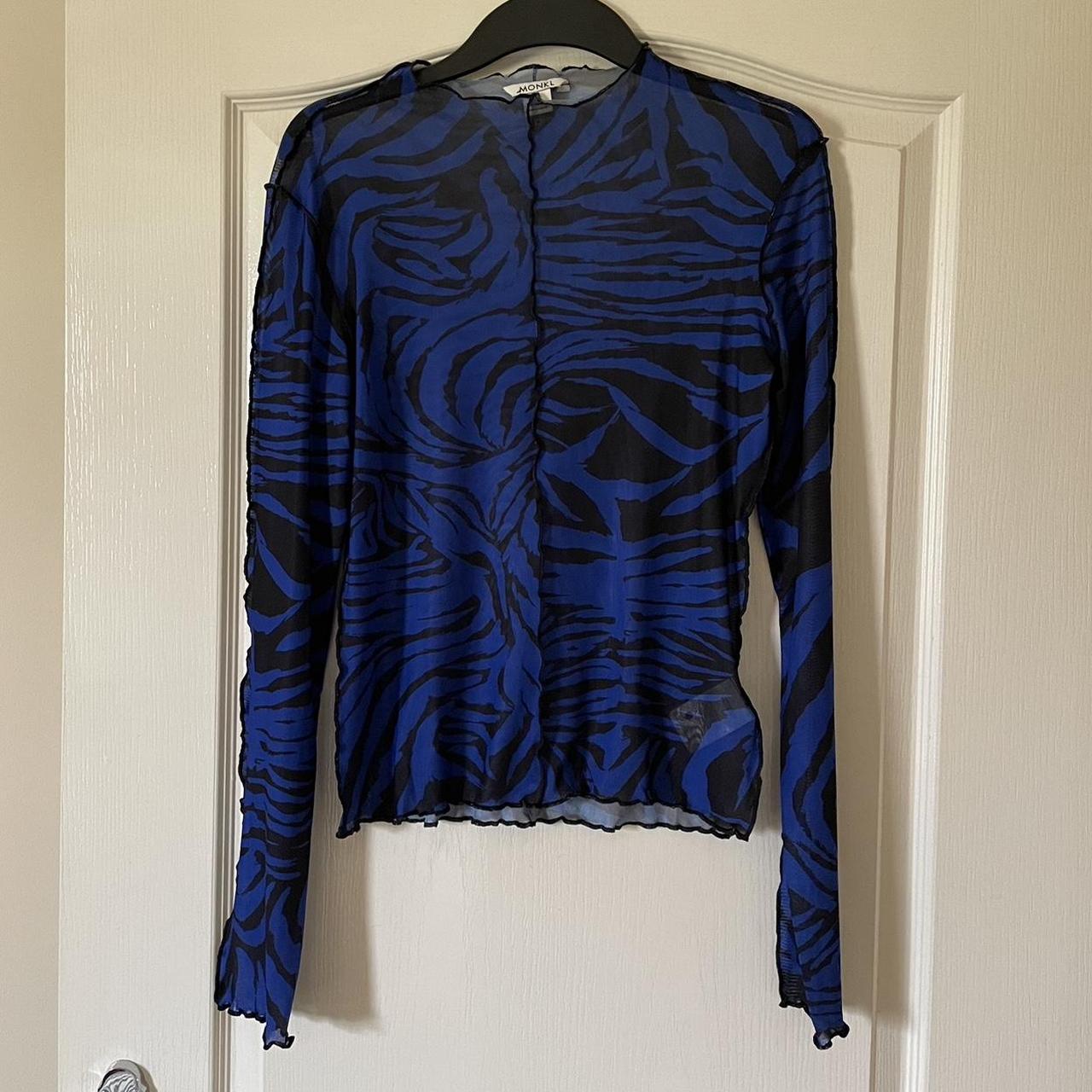 Monki blue and black swirl print long sleeve mesh... - Depop