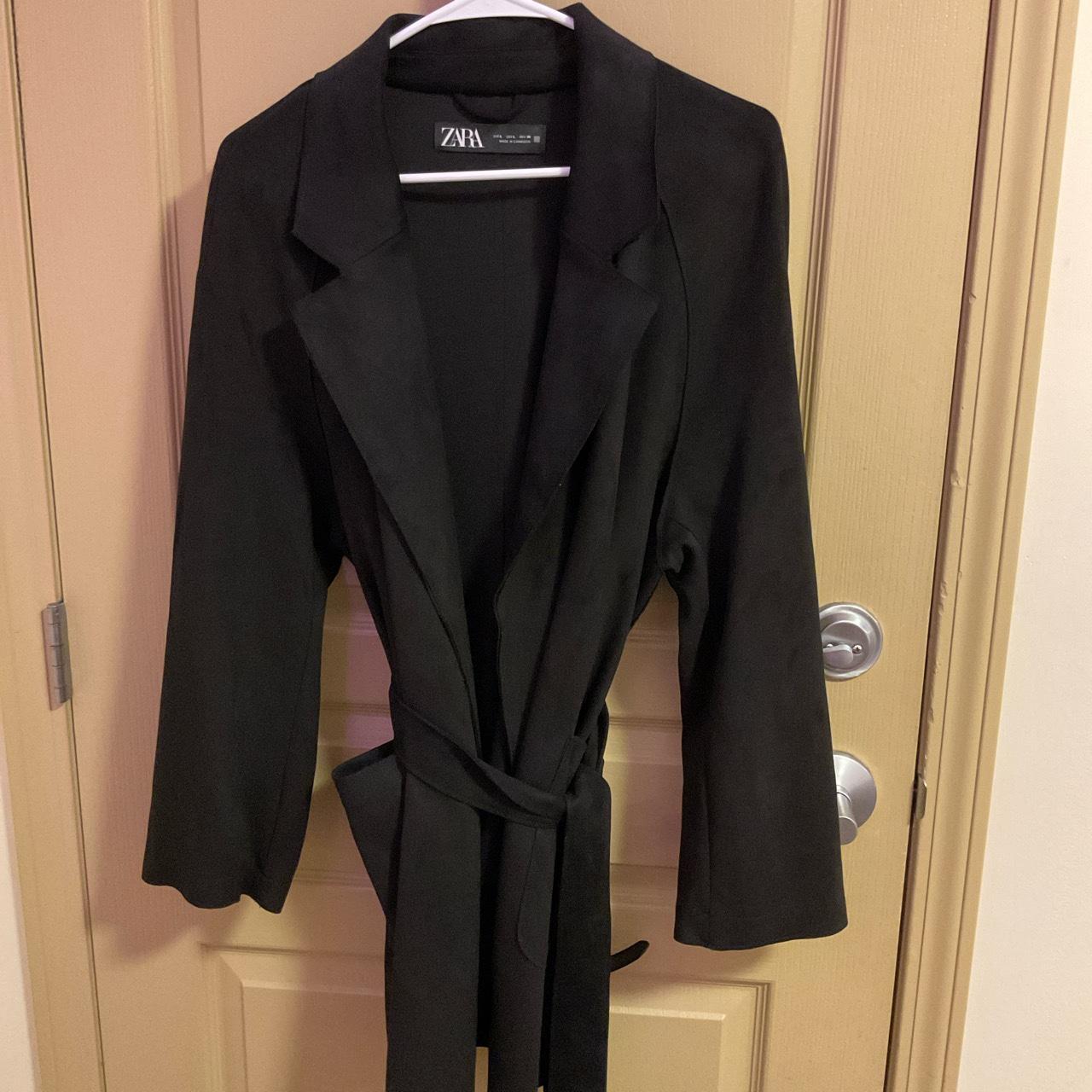 zara black long coat in a size large, has a belt and... - Depop