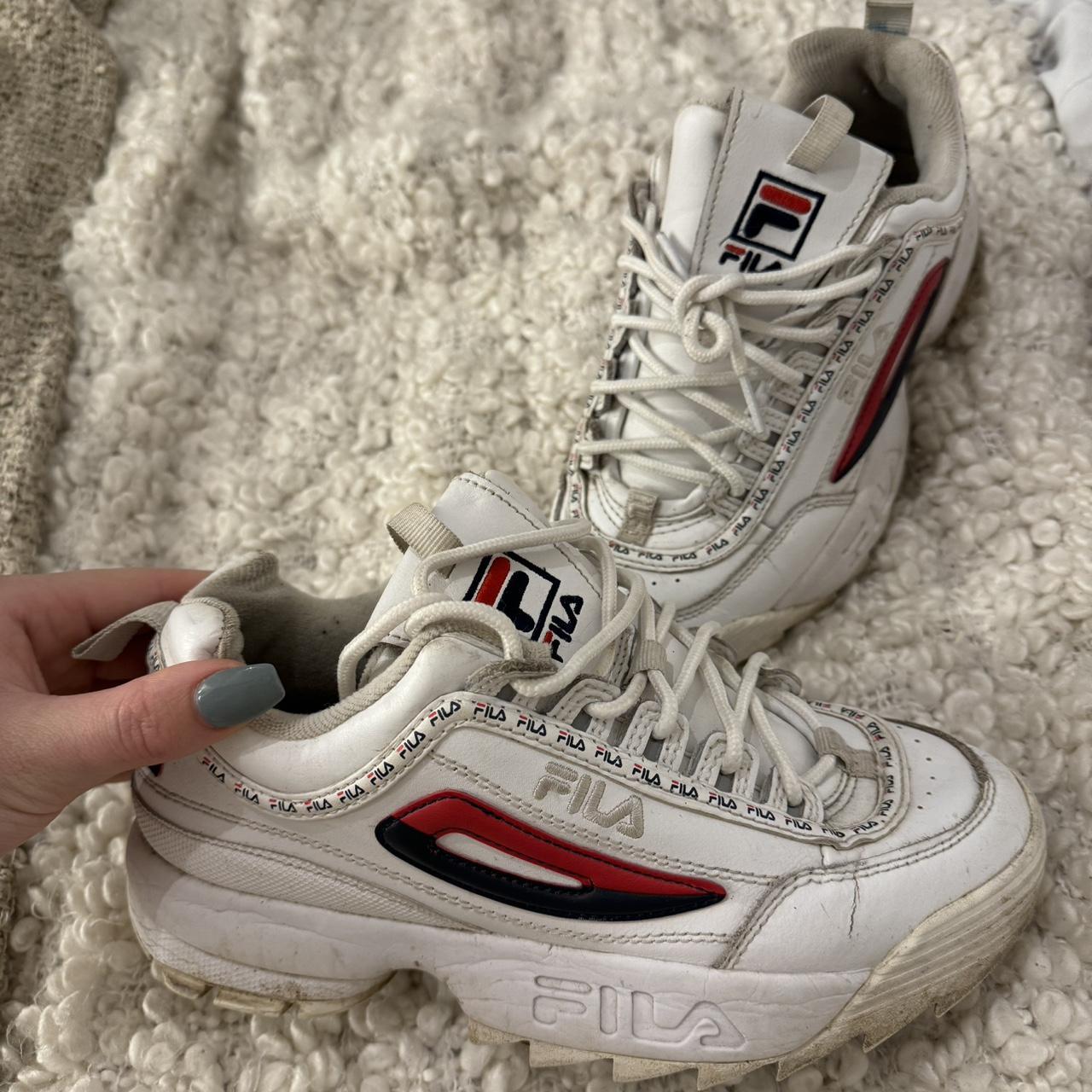 White Filas size 5 worn but still got lots of wear... - Depop