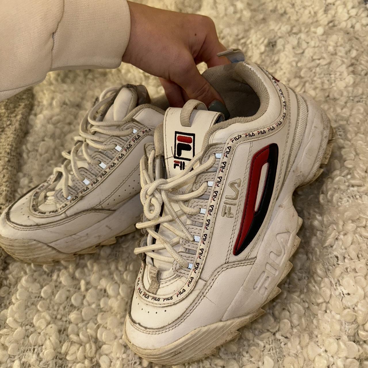 White Filas size 5 worn but still got lots of wear... - Depop