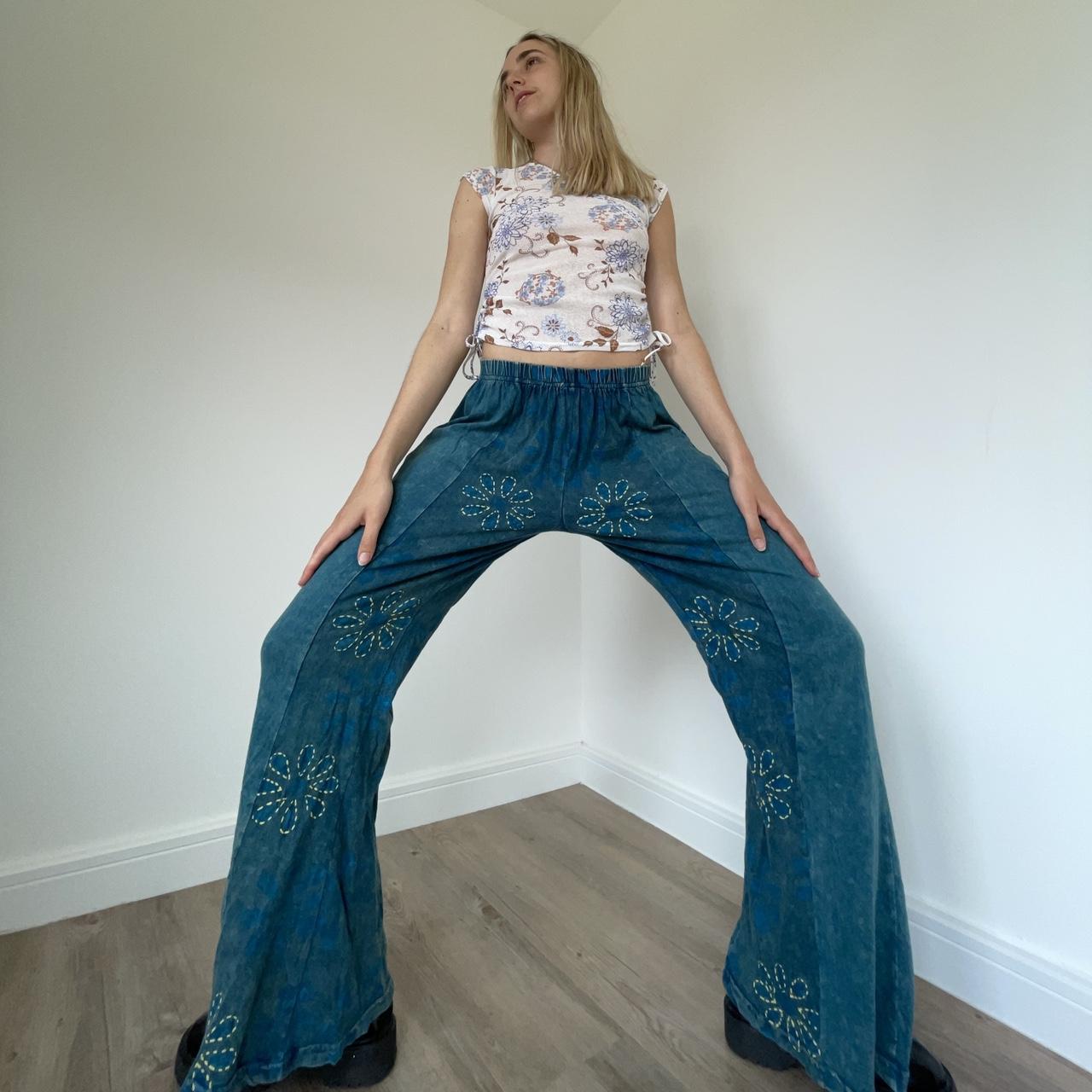 90s y2k vintage Gringo hippie blue flower flared... - Depop