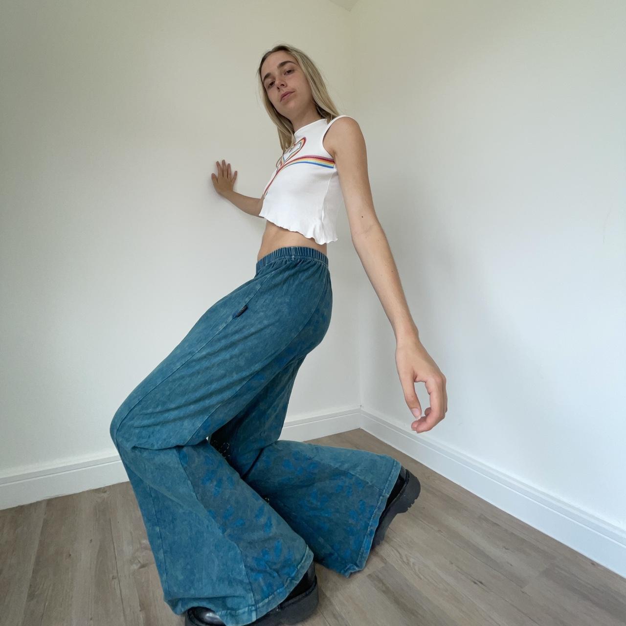 90s y2k vintage Gringo hippie blue flower flared... - Depop