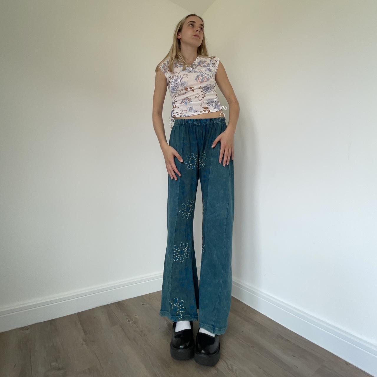 90s y2k vintage Gringo hippie blue flower flared... - Depop