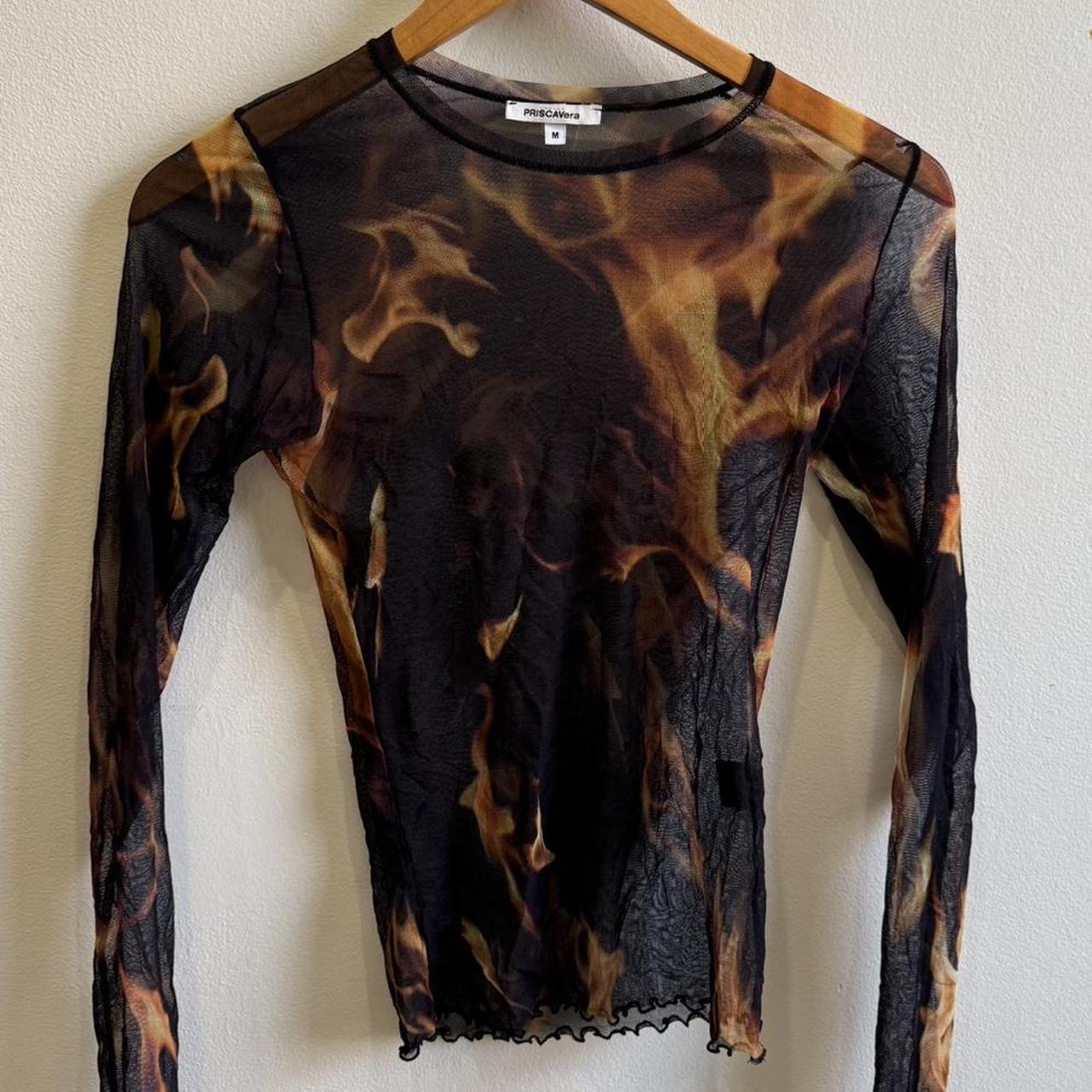 PRISCAVERA mesh sheer flame print long sleeve shirt.... - Depop